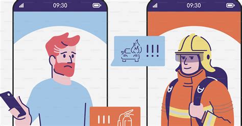 긴급 전화 스마트폰 만화 앱 화면 플랫 캐릭터 디자인 모형이 있는 휴대폰 디스플레이 소방관 전화 응용 프로그램 인터페이스를 통한 구조 대원 긴급 전화 벡터 그림 벡터