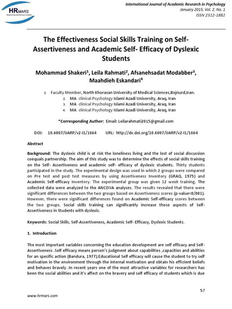 The Effectiveness Social Skills Training On Self Assertiveness And