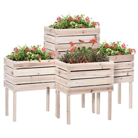 Huluwat 4pcs Raised Garden Bed Wooden Elevated Planter Box Kit With Bed Liner Diy Shape For