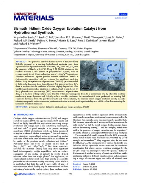Pdf Bismuth Iridium Oxide Oxygen Evolution Catalyst From Hydrothermal Synthesis
