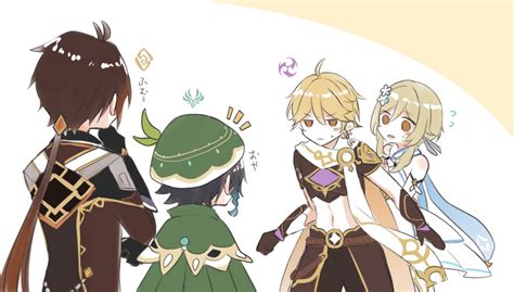 Safebooru 1girl 3boys Aether Genshin Impact Ahoge Back Black Gloves