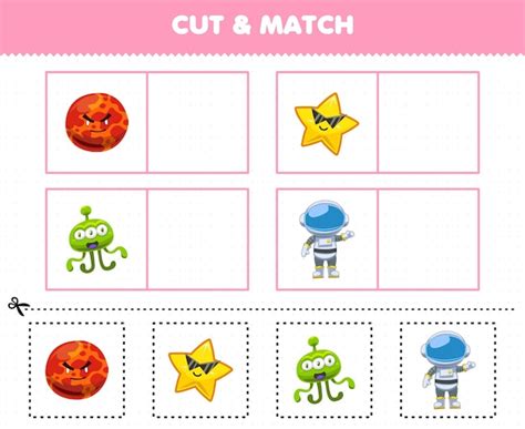 어린이를 위한 교육 게임은 귀여운 만화 태양계 화성 행성 별 외계 우주 비행사의 같은 그림을 자르고 일치시킵니다 프리미엄 벡터