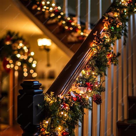 A Staircase Railing Wrapped In Garlands And Lights For The Holiday