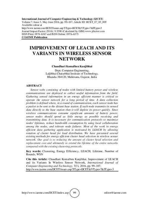 Pdf Improvement Of Leach And Its Variants In Wireless Sensor Network