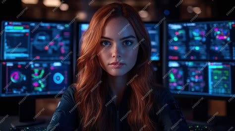 Woman Working On Multiple Computer Screens With Data Visualizations