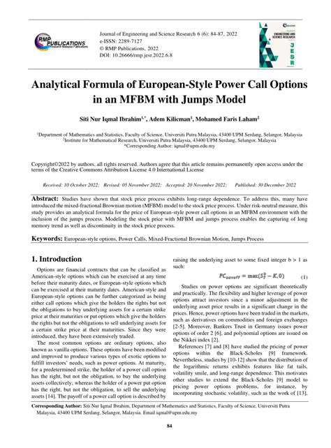 Pdf Analytical Formula Of European Style Power Call Options In An