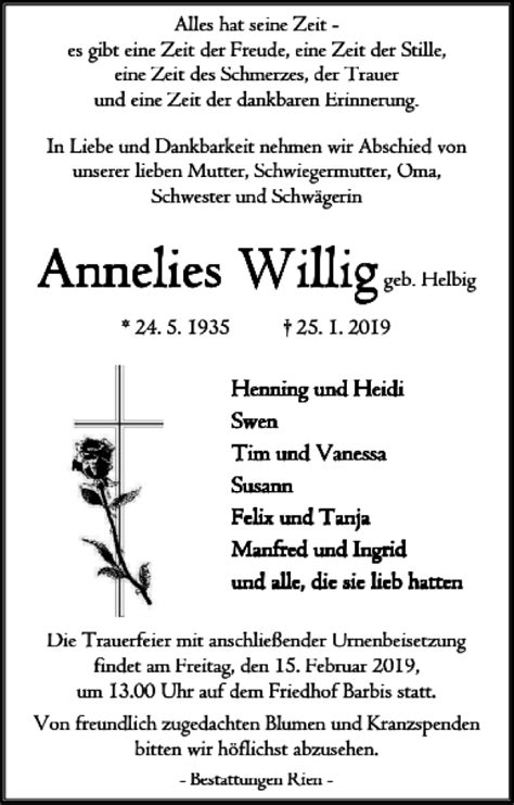 Traueranzeigen Von Annelies Willig Harztrauer De