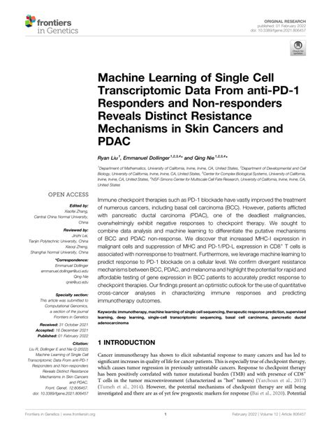 Pdf Machine Learning Of Single Cell Transcriptomic Data From Anti Pd