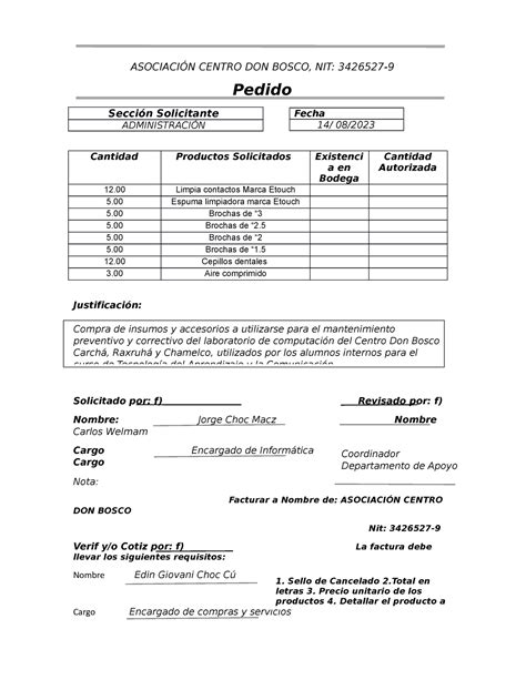 Formato De Pedido AsociaciÓn Centro Don Bosco Nit 3426527 Pedido