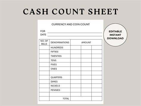 Cash Count Sheet Cash Count Form Cash Drawer Sheets Closing Cash Count Opening Cash Daily