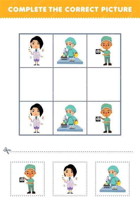 어린이를 위한 교육 게임은 귀여운 만화 방사선사 약사 및 바이러스학자 인쇄 가능한 직업 워크시트의 올바른 그림을 완성합니다
