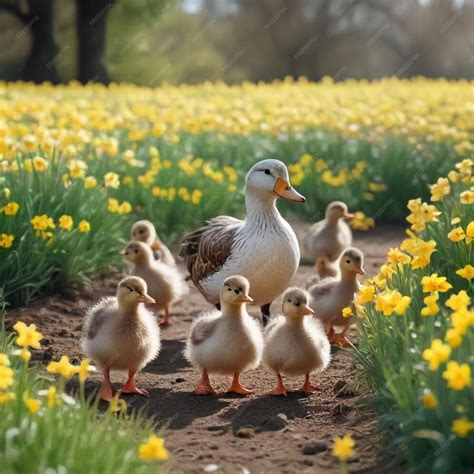 Un Pato Y Los Patitos Están De Pie En Un Campo De Flores Foto Premium