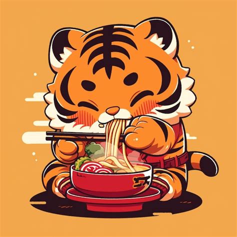 Premium Photo A Close Up Of A Cartoon Tiger Eating Noodles With