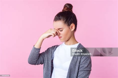 Bad Breath Stink Portrait Of Brunette Teenage Girl Standing With Closed