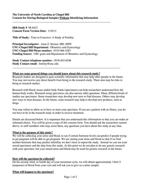 Fillable Online Med Unc Consent Template Stored Specimens Unidentified