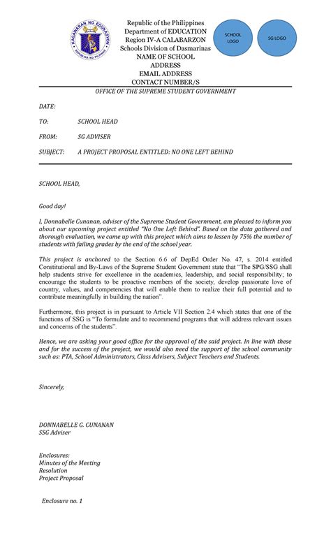 Yf Sg Blank Project Proposal Template For The City Schools Department Of Education Region Iv A
