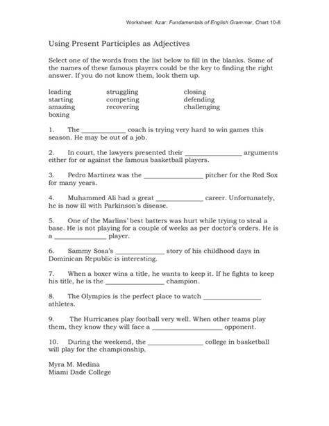 Using Present Participles As Adjectives Worksheet For 7th Higher Ed