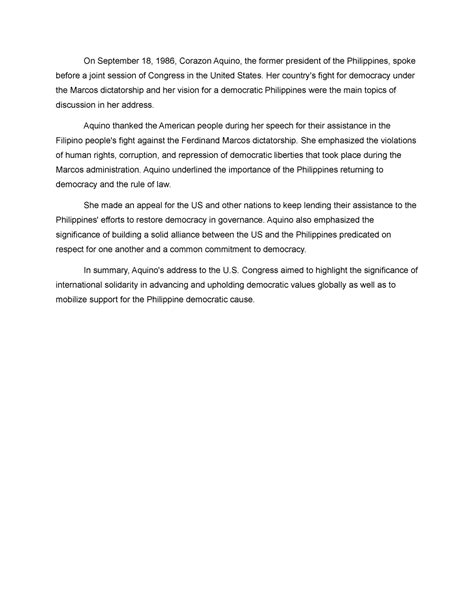 Analysis Paper Rph On September 18 1986 Corazon Aquino The