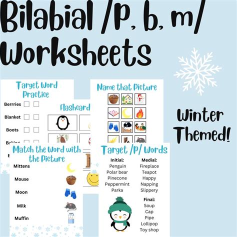Bilabial P B M Articulation Winter Worksheets Flashcards