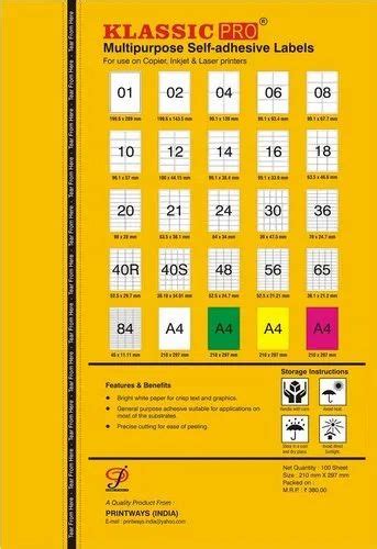 White Paper Klassic Pro A4 Self Adhesive Labels Packaging Type Packet