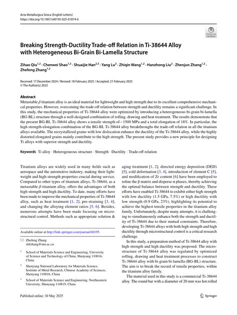 Pdf Breaking Strength Ductility Trade Off Relation In Ti 38644 Alloy
