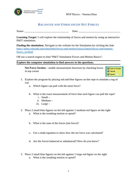 Task 5 Balanced And Unbalanced Net Forces Pdf Force Friction