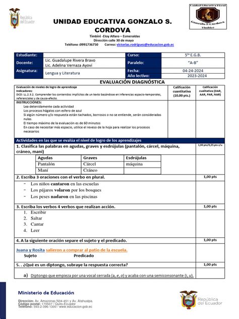 Evaluación Diagnóstica Respuestas Pdf Ecuador Maestros