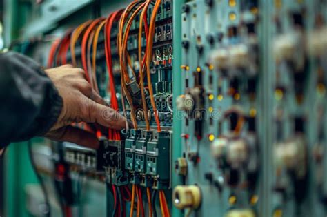 Electrical Panel Repair Electrician Switching Off Circuit Breakers In Fuse Box Hands Closeup
