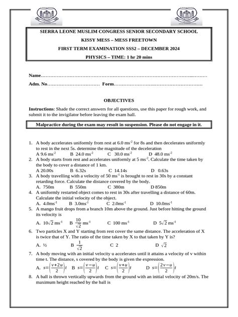 Sss2 First Term 2025 Physics Exams Pdf Acceleration Velocity