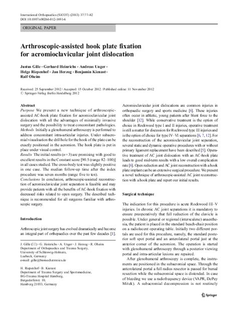 Pdf Arthroscopic Assisted Hook Plate Fixation For Acromioclavicular
