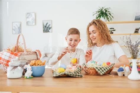 Happy Mother And Son Celebrating Easter Holidays Together Stock Image Image Of Celebrating