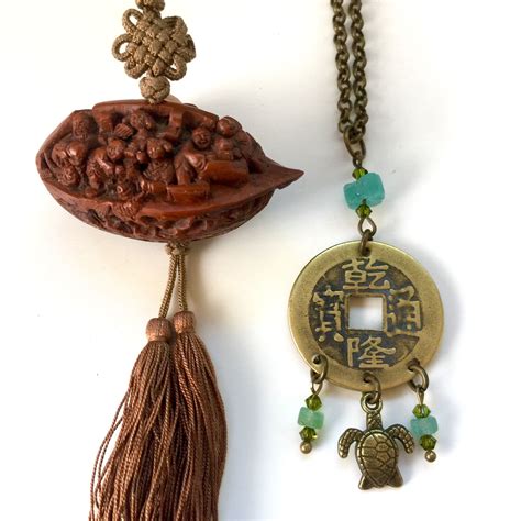 Sea Turtle Necklace Beach Jewelry Brass Replica Old Chinese Coin Aqua