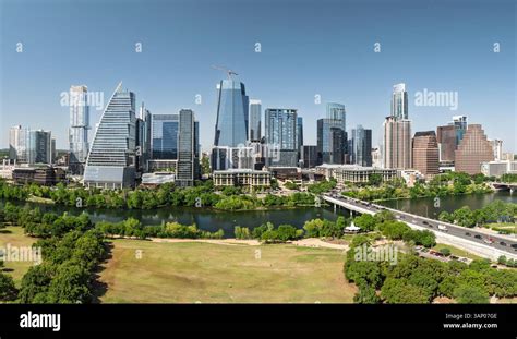 Aerial Panoramic Skyline Of Downtown Austin Texas From Butler Metro