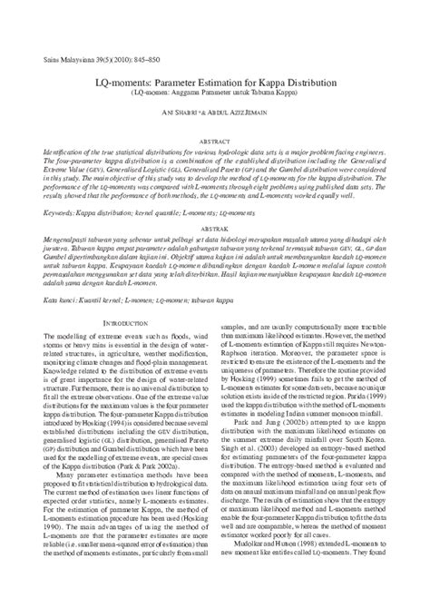 Pdf Lq Moments Parameter Estimation For Kappa Distribution