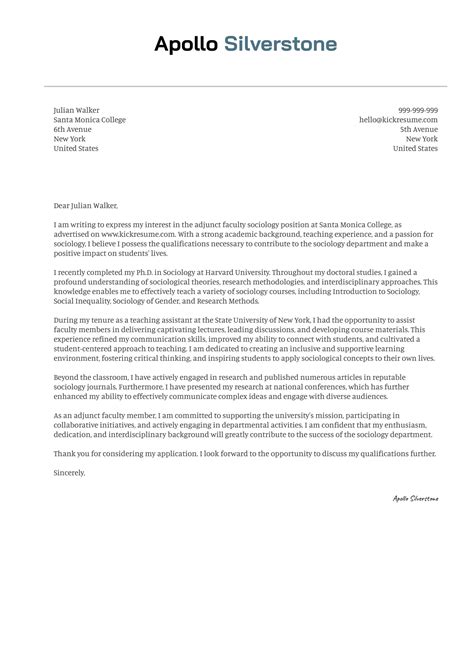 Adjunct Faculty Sociology Cover Letter Sample Kickresume