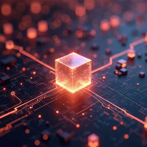 Advanced Tech Concept Glowing Cube On Circuit Board Digital Data Stream Innovation In Quantum