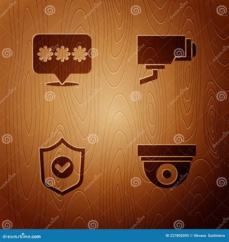 Set Security Camera Password Protection Shield With Check Mark And On Wooden Background