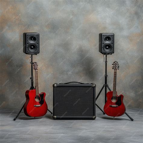 Two Red Guitars And Speakers On Stands With A Black Amplifier Artistic