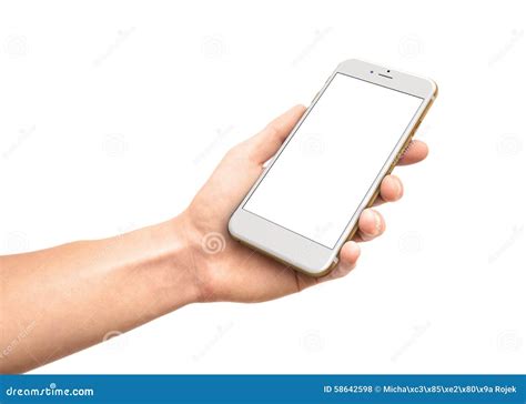 Mand Che Tiene Lo Smartphone Bianco Con Lo Schermo In Bianco Fotografia Stock Immagine Di