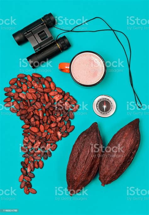 South America Continent Made Of Cocoa Beans Binoculars Compass Cacao