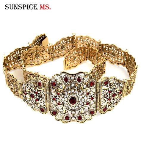 Sunspicems 레트로 골드 컬러 알제리 벨트 여성용 모로코 웨딩 드레스 Caftan 주얼리 전체 라인석 허리 체인바디