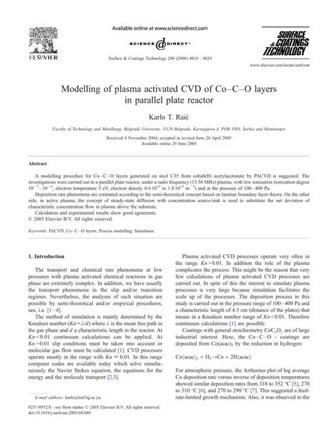 Pdf Modelling Of Plasma Activated Cvd Of Coco Layers In Parallel Plate Reactor Dokumentips
