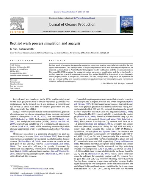 Rectisol Wash Process Simulation And Analysis Download Free Pdf