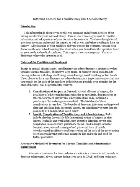 Tonsillectomy Adenoidectomy Consent Pdf Diseases And Disorders