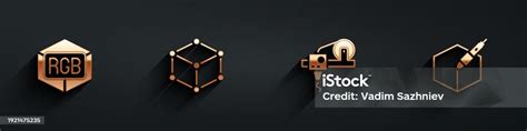 Rgb 및 Cmyk 색상 혼합 등각 투영 큐브 3d 프린터 및 긴 그림자가있는 3d 펜 도구 아이콘을 설정합니다 벡터 3차원