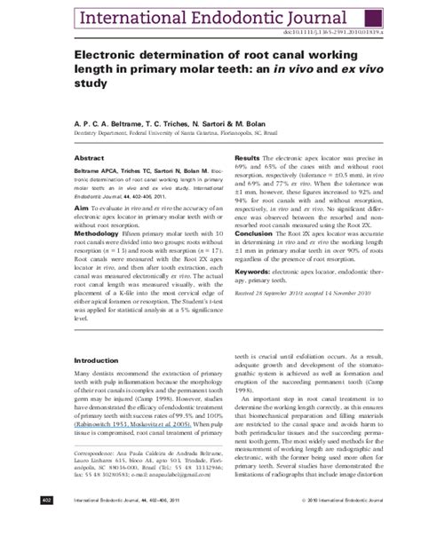 Pdf Electronic Determination Of Root Canal Working Length In Primary Molar Teeth An In Vivo