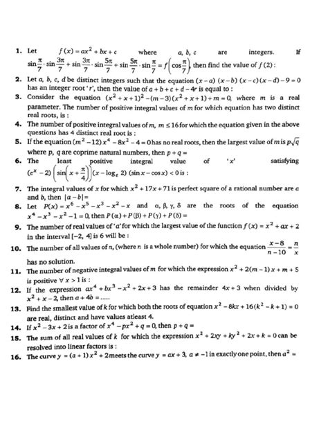 Advance Quadratic Practice Questions Pdf