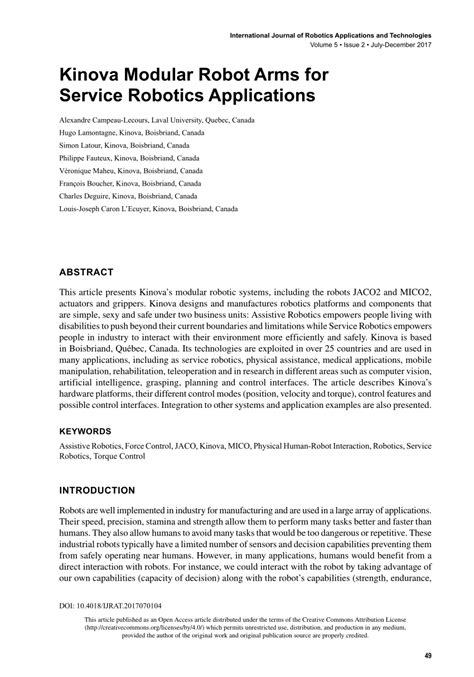 PDF Kinova Modular Robot Arms For Service Robotics Applications