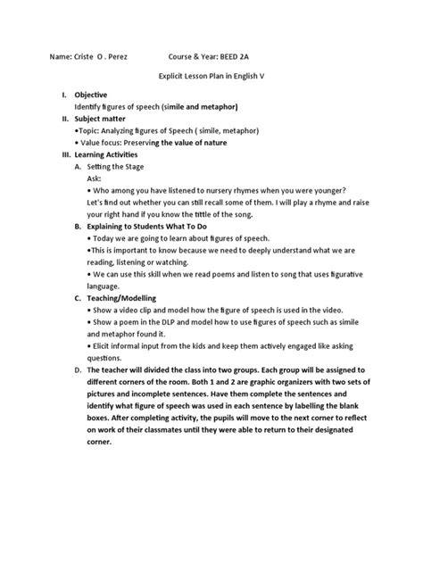 Explicit Lesson Plan Pdf Lesson Plan Metaphor