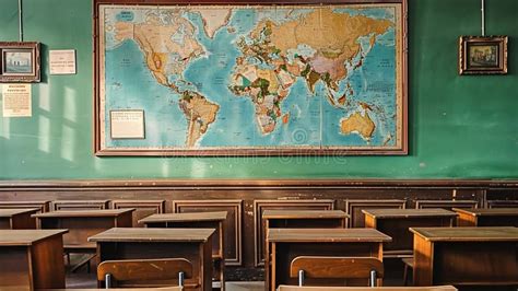 Desks Arranged In A Vintage Classroom With A Large World Map On The Wall Showing Geography Stock